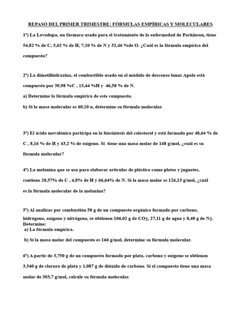 REPASO DEL PRIMER TRIMESTRE-FÓRMULAS EMPÍRICAS Y MOLECULARES | PDF | Oxígeno | Materiales