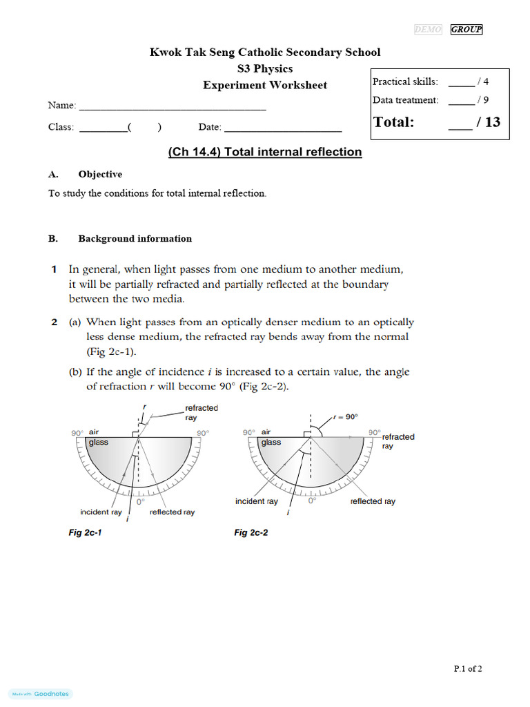 Lab WS With Notes (S3 CH 14.4 - TIR) | PDF | Refraction | Reflection ...