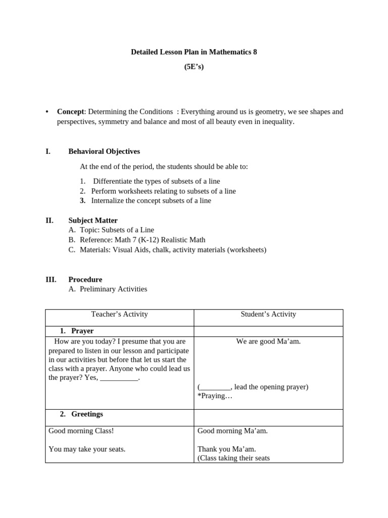 Lesson Plan: Subsets of a Line in Math 8 | PDF | Mathematics | Lesson Plan