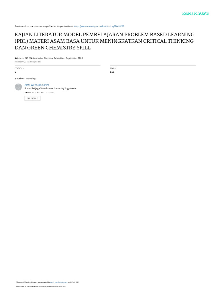 Kajian Literatur Model Pembelajaran Problem Based Learning (PBL) Materi Asam Basa Untuk ...