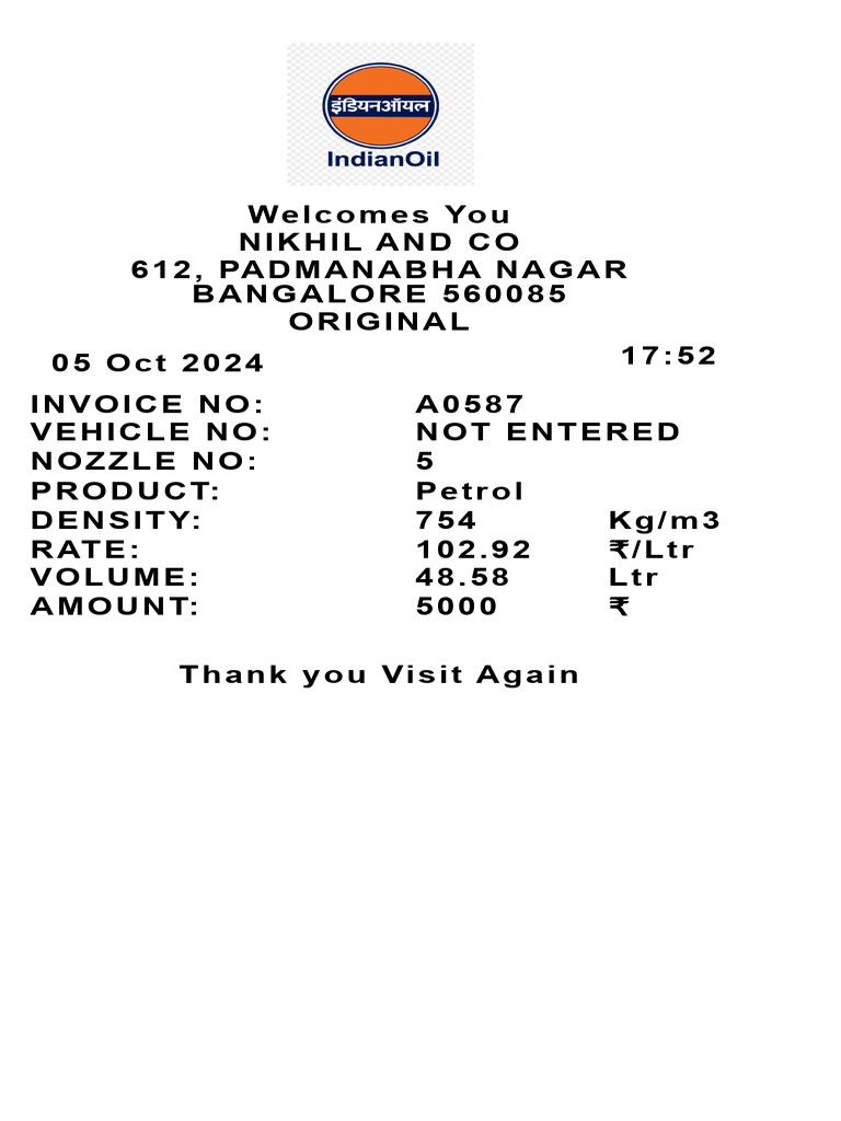 Invoice for Petrol Purchase A0587 | PDF