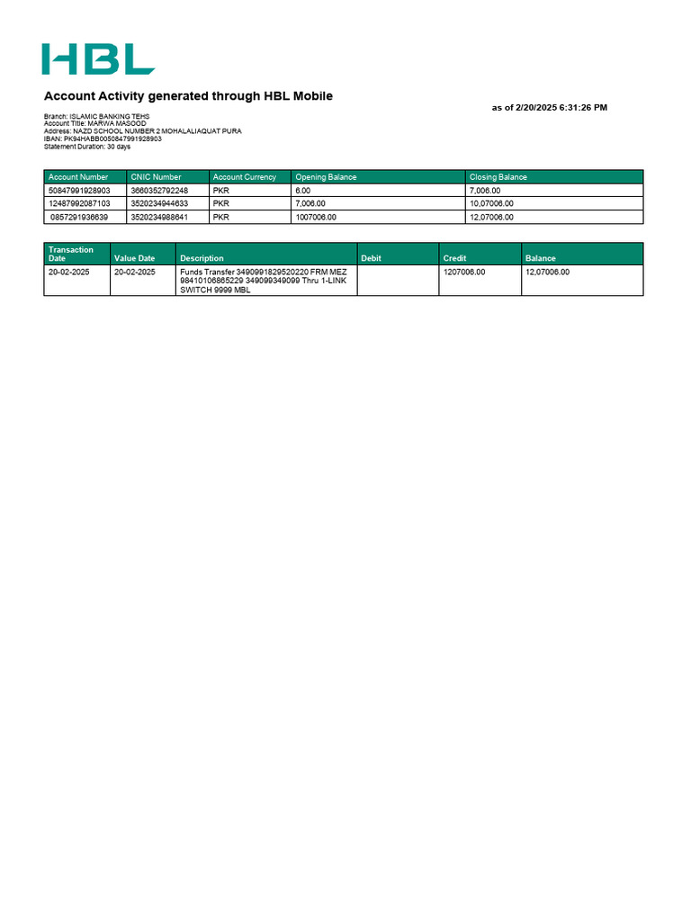 HBL Account Statement for Marwa Masood | PDF