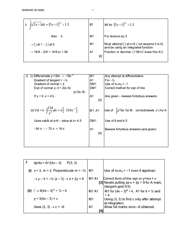 P1 Integration Marking Scheme | PDF