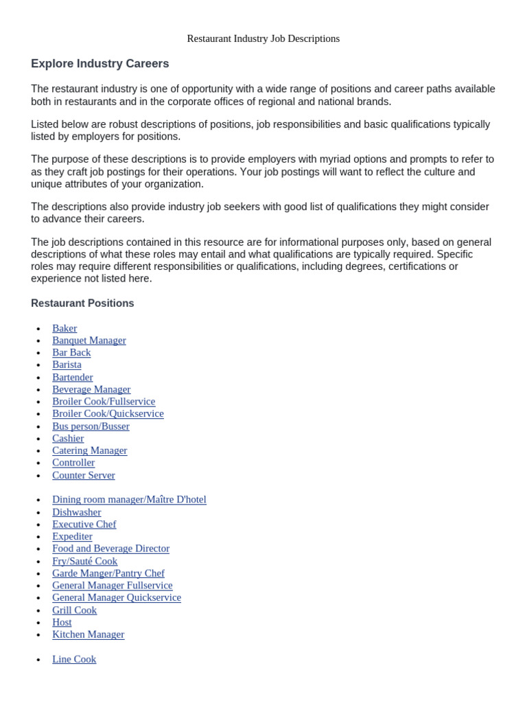 Restaurant Industry Job Descriptions | PDF | Grilling | Bartender