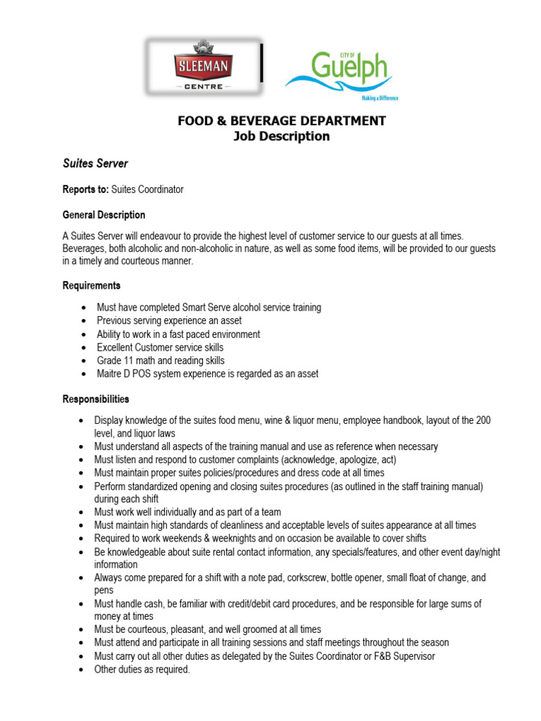 Food and Beverage Job Descriptions | PDF | Restaurants | Business