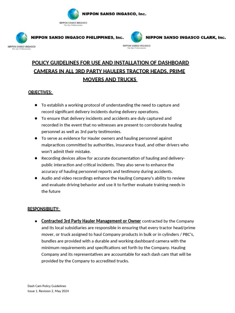 Policy Guidelines For Use & Installation of Dashboard Cameras | PDF