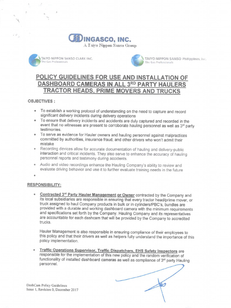 Policy Guidelines For Use & Installation of Dashboard Cameras | PDF