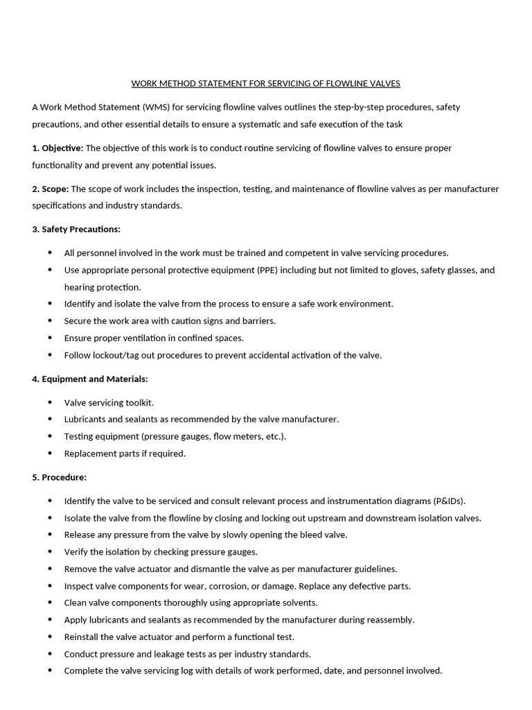 Flowline Valve Servicing Method Statement | PDF | Valve | Safety