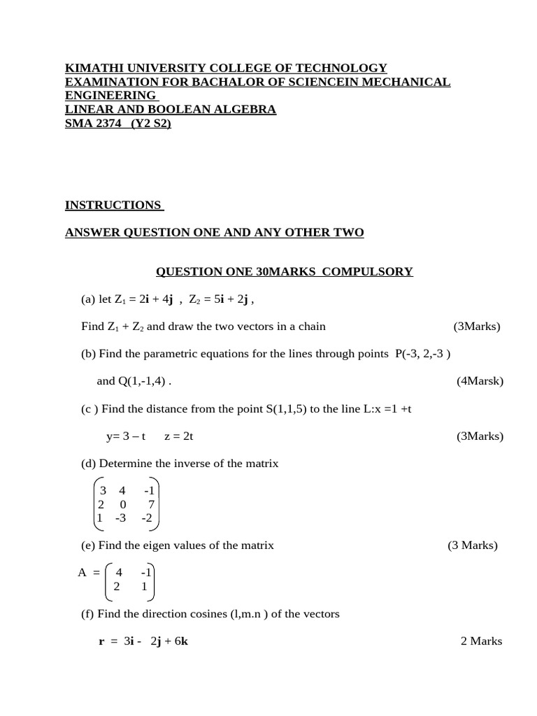 SMA2374 LINEAR AND BOOLEAN ALGEBRA MAIN PAPER | PDF | Eigenvalues And Eigenvectors | Algebra