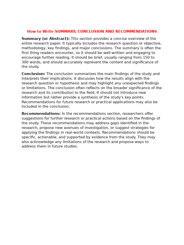 How To Write SUMMARY CONCLUSION AND RECOMMENDATIONS | PDF