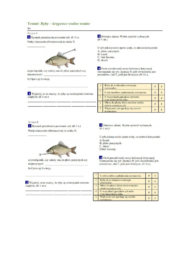 Biologia KL 6 Ryby - Kręgowce Środowisk Wodnych - Kartkówka | PDF