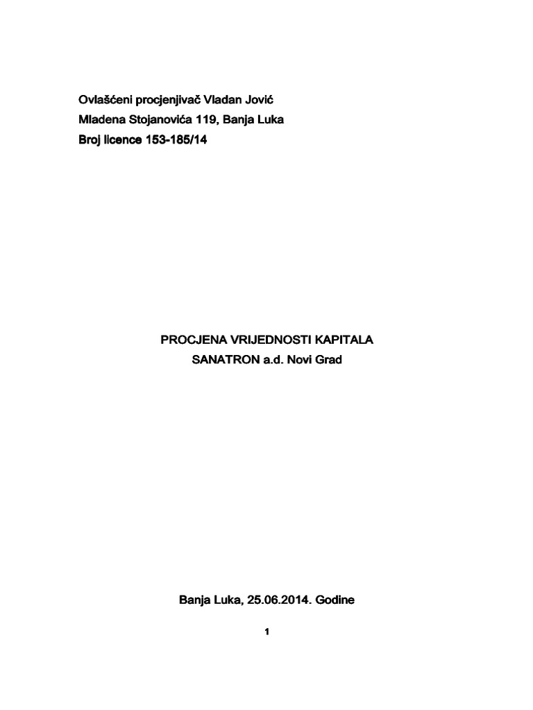 Procjena Vrijednosti Kapitala - Sanatron Skinuo S Weba PRIMJER | PDF