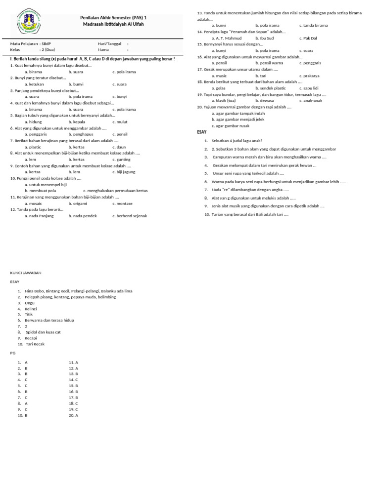 Soal PTS SBDP Kelas 2 Semester 1 | PDF