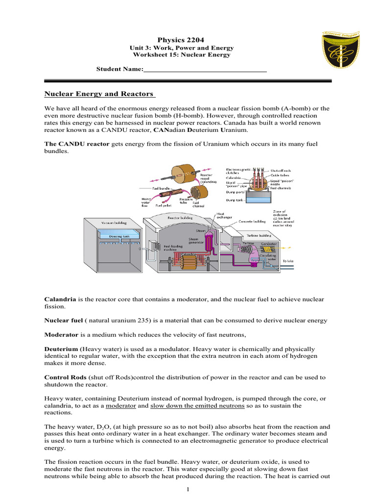 Physics 2204 Worksheet 15 Nuclear Energy 2018 | PDF | Nuclear Reactor ...