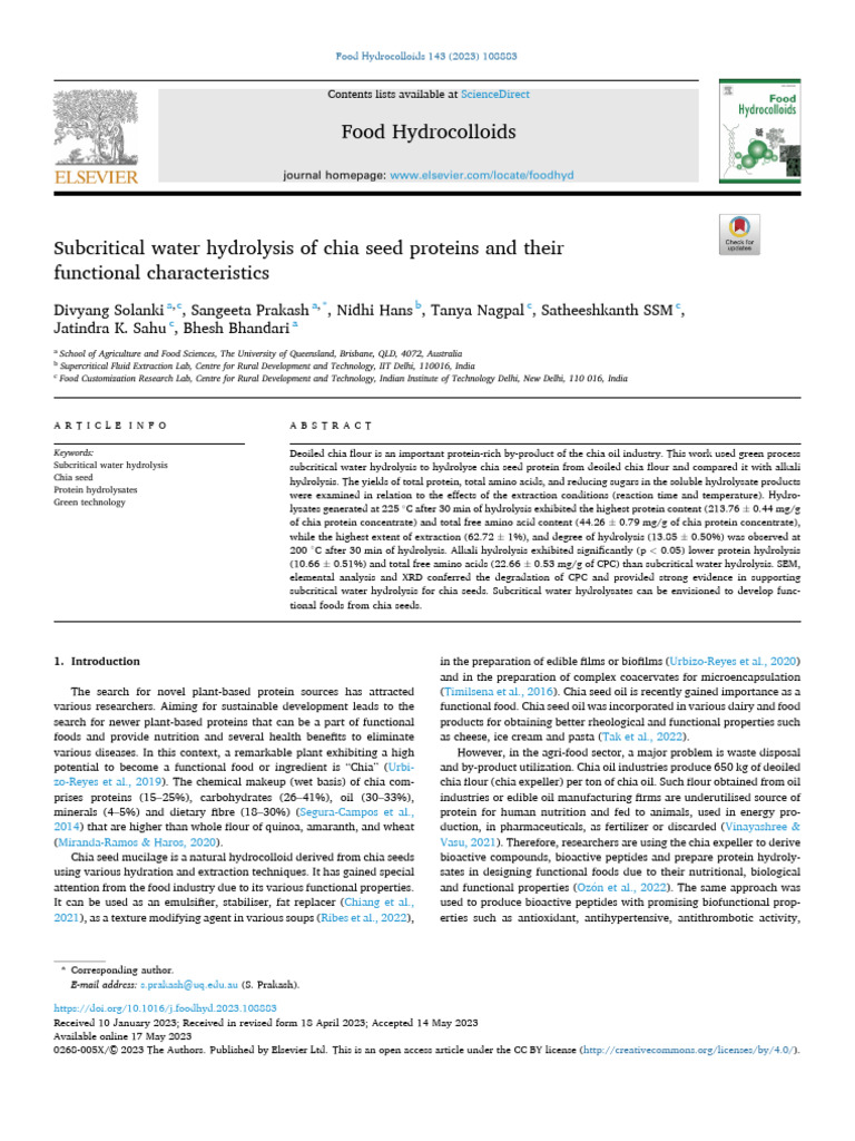 Subcritical Water Hydrolysis of Chia Seed Proteins and Their Functional Characteristics1 | PDF ...