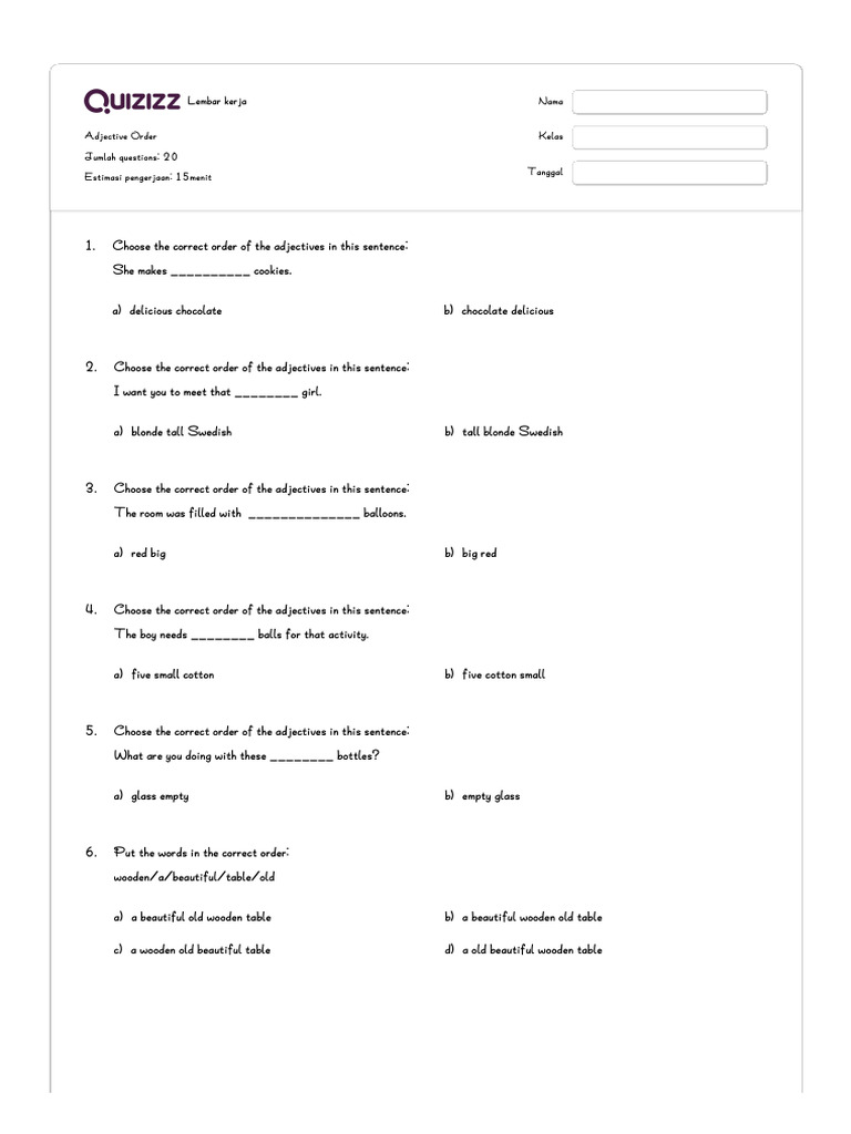 Adjective Order Practice Worksheet | PDF | Linguistics
