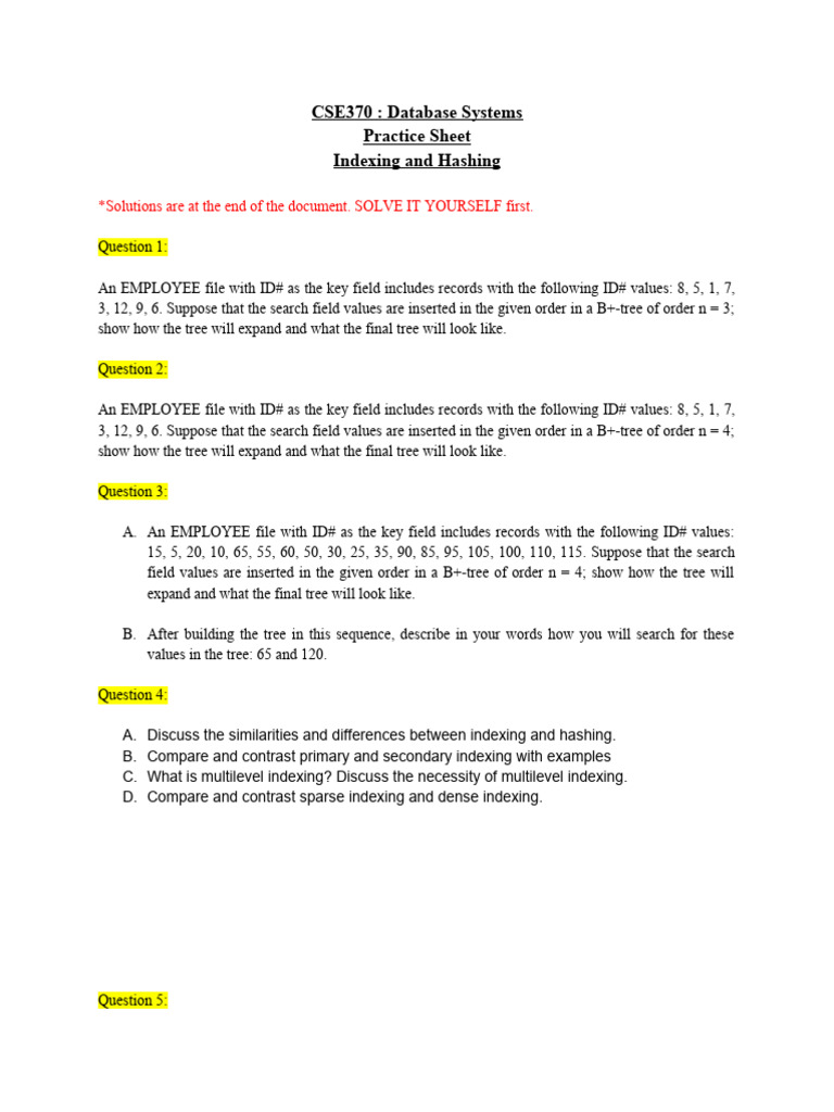 7. CSE370_Indexing and Hashing [Practice Sheet] | PDF | Database Index | Data