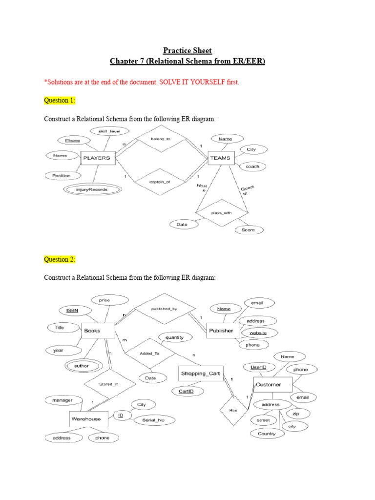CSE370 - Chapter 7 or 9 (Relational Schema) (Practice Sheet) | PDF