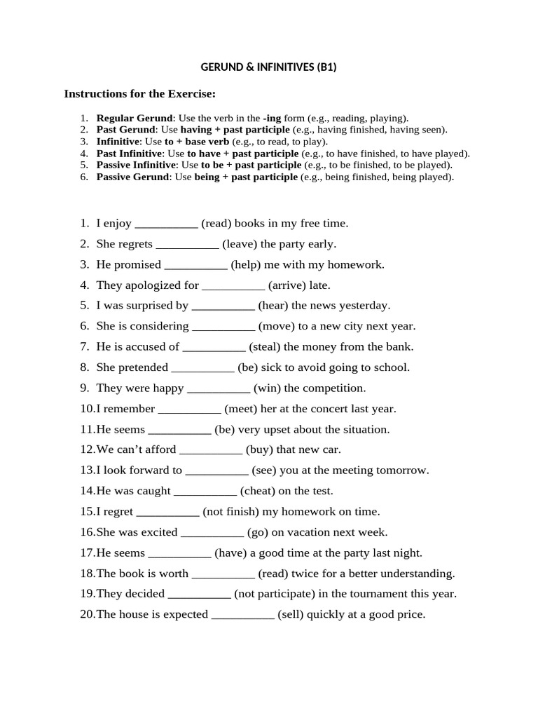 Gerund Infinitive Exercises | PDF | Verb | Perfect (Grammar)