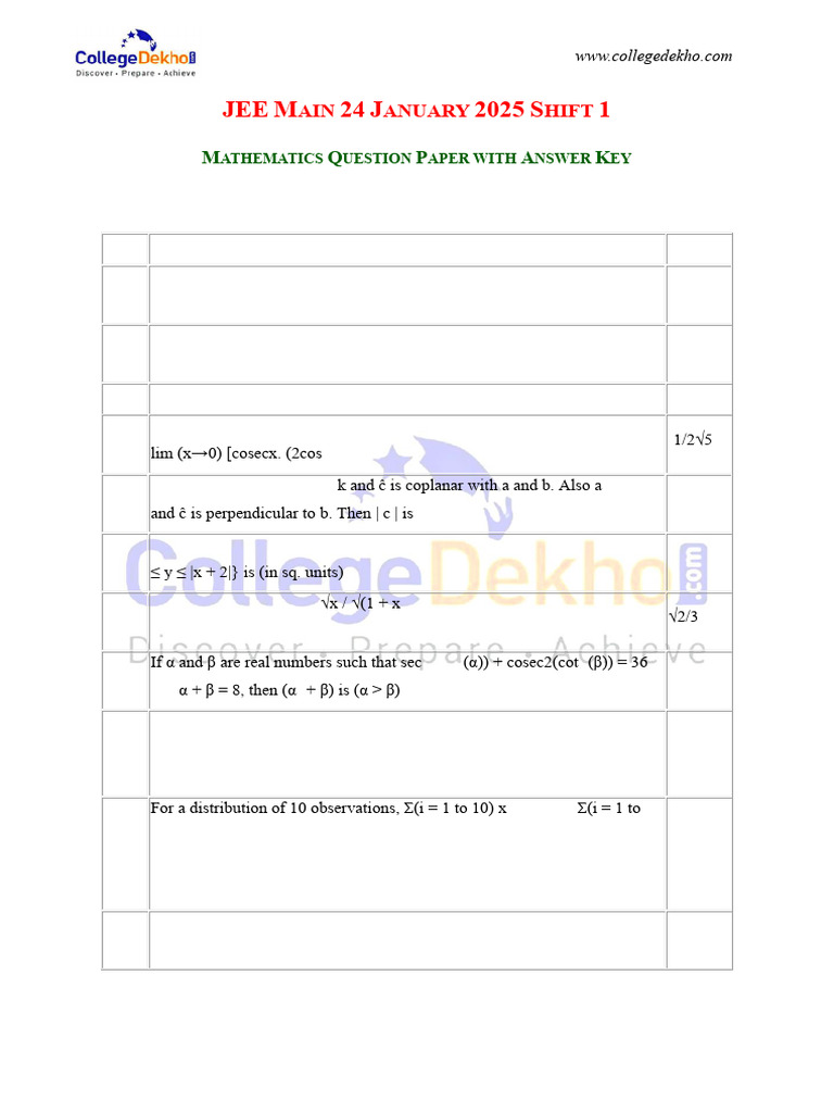 Jee Main 24 Jan 2025 Mathematics Shift 1 Question Paper | PDF ...