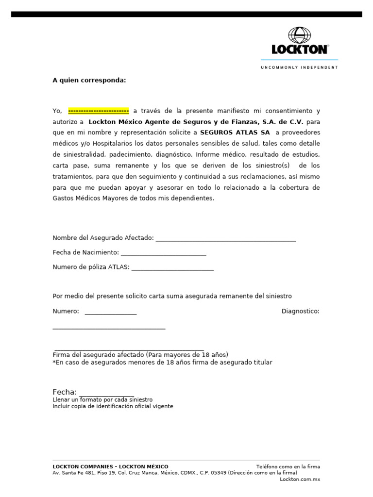 Solicitud Carta Remanente Lockton ATLAS | PDF