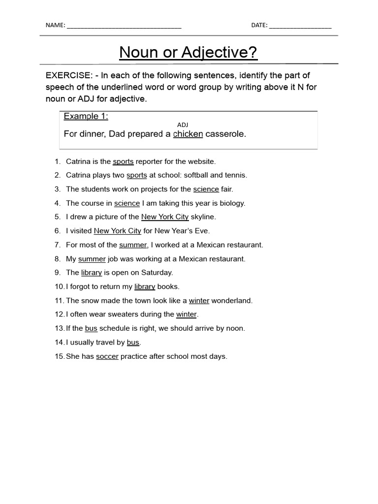 Noun vs. Adjective Identification Exercise | PDF