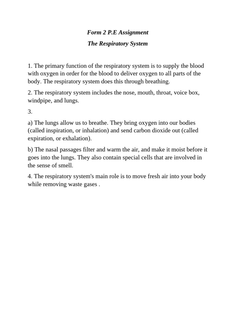 Form 2 PE Assignment The Respiratory System | PDF