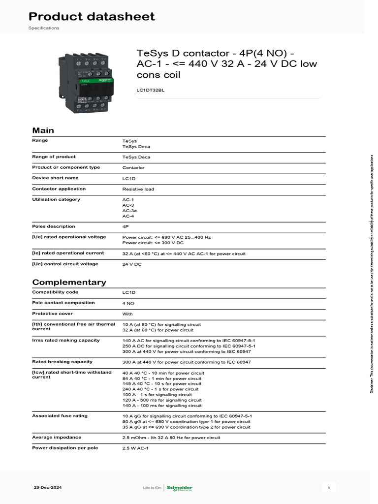 TeSys D 4P Contactor LC1DT32BL Specs | PDF