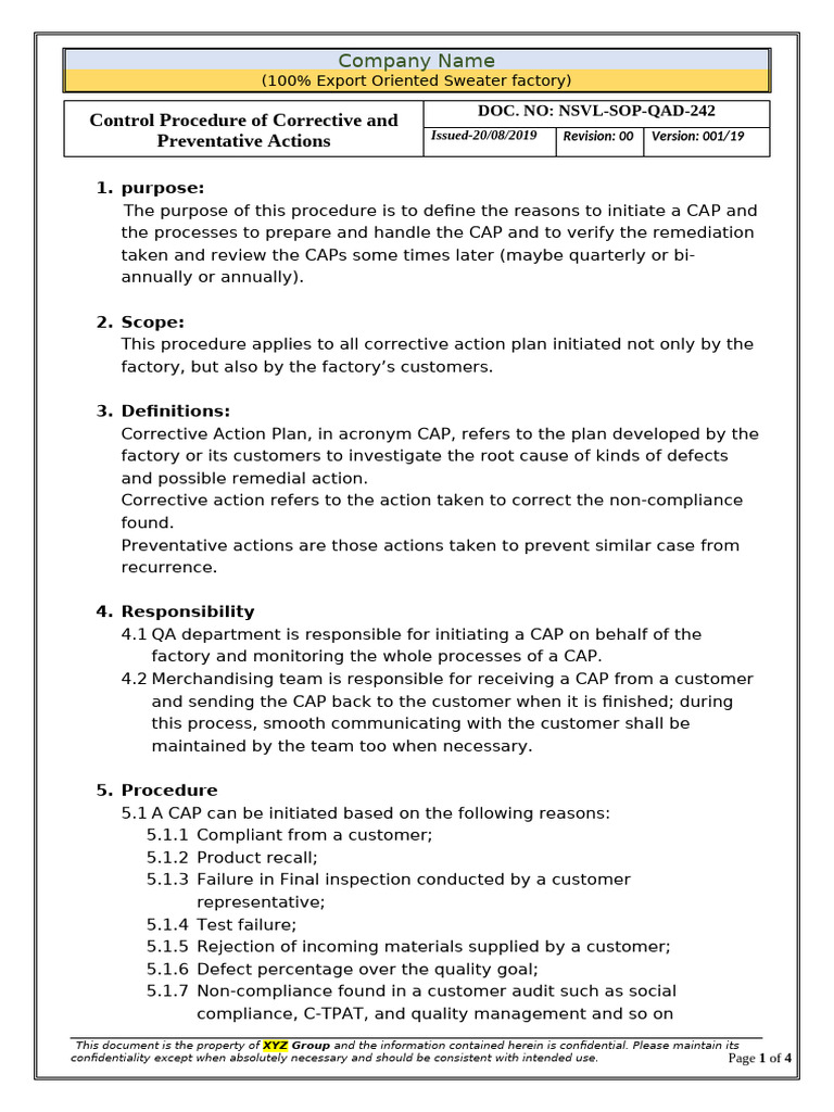 27 Control Procedure of Corrective and Preventative Actions | PDF ...