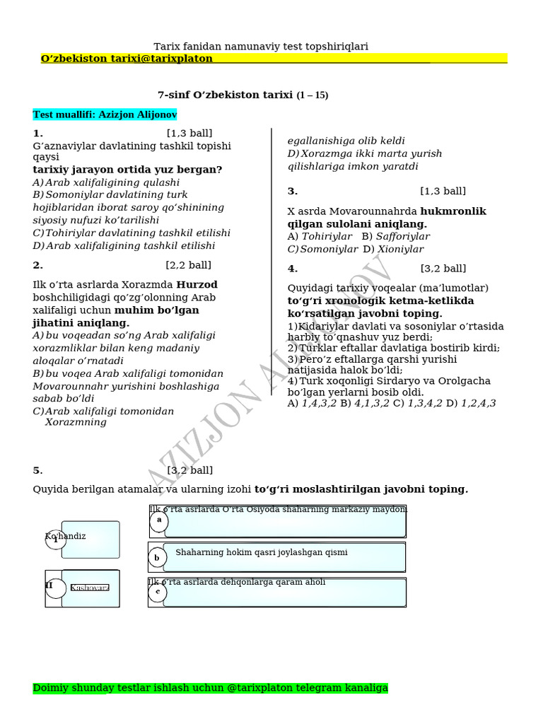 7-Sinf O'zbekiston Tarixi (1-15) | PDF