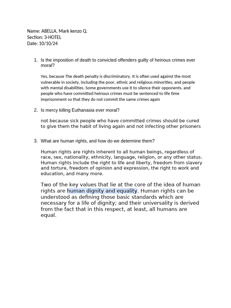 Name: ABELLA, Mark Kenzo Q. Section: 3-HOTEL Date: 10/10/24 | PDF