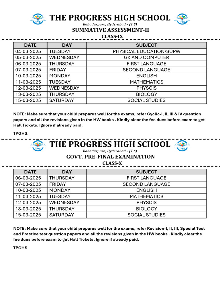 Class IX & X Exam Timetable 2025 | PDF