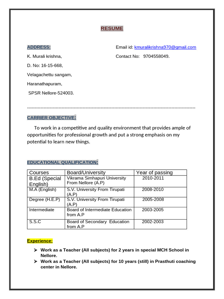 K. Murali Krishna's Professional Resume | PDF