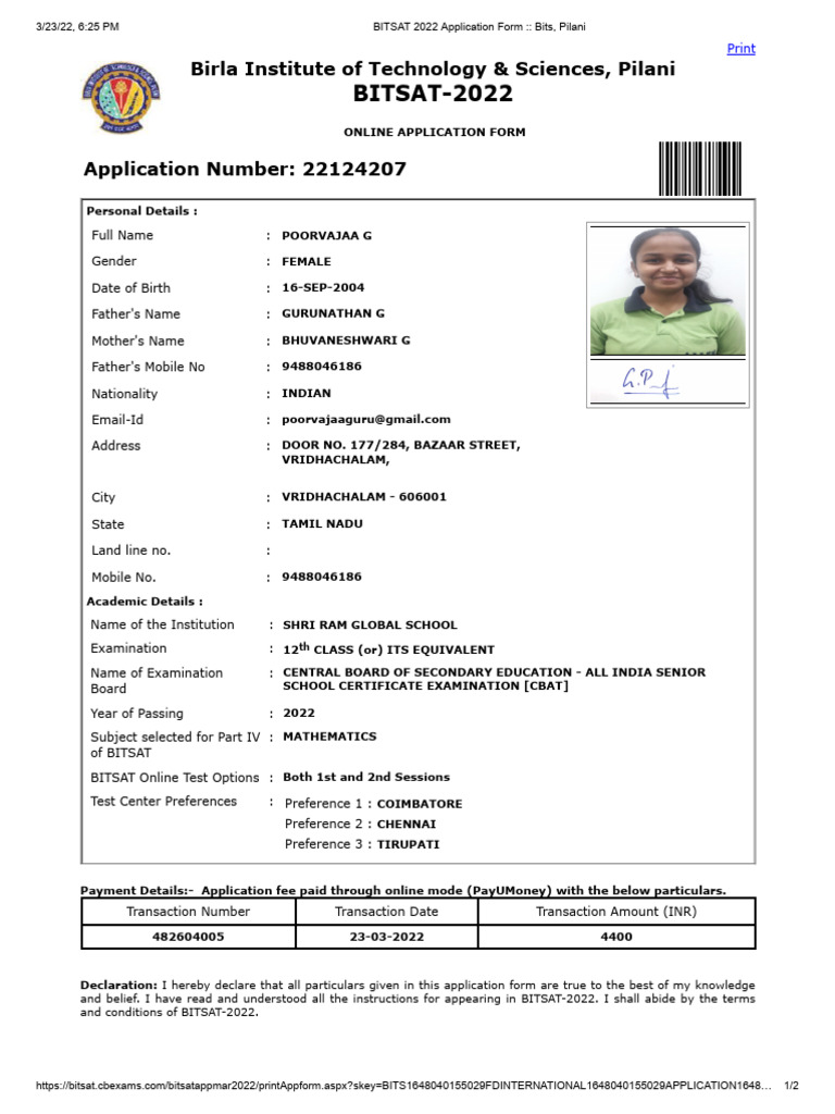 BITSAT 2022 Application Form - Bits, Pilani | PDF