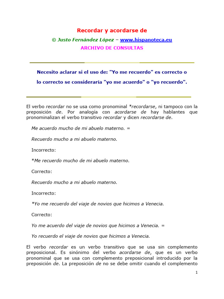 Recordar y Acordarse de | PDF | Verbo | Mecánica del lenguaje