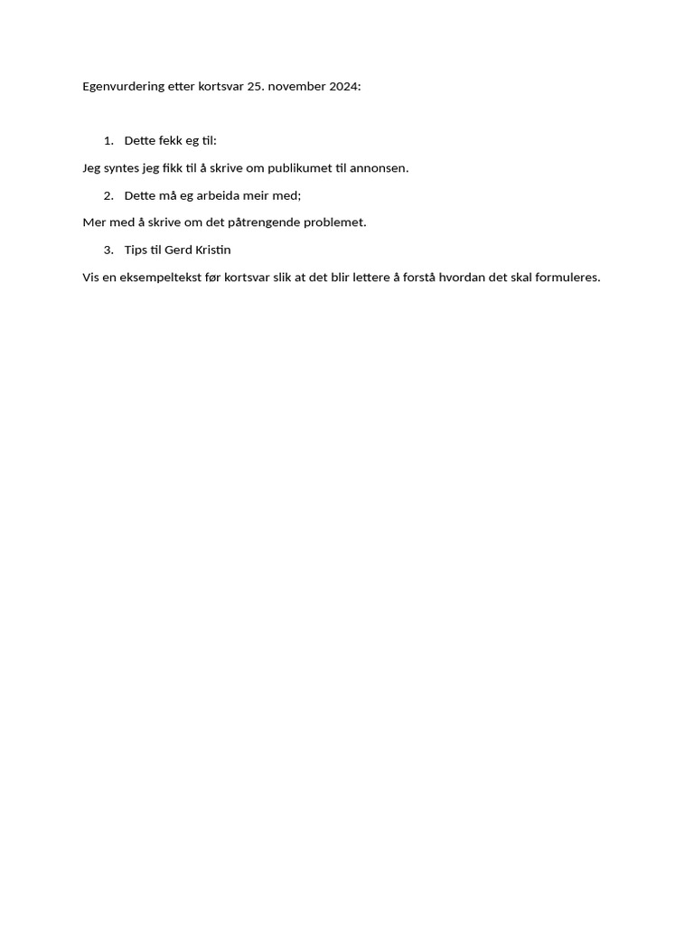 Egenvurdering Etter Kortsvar 25 | PDF