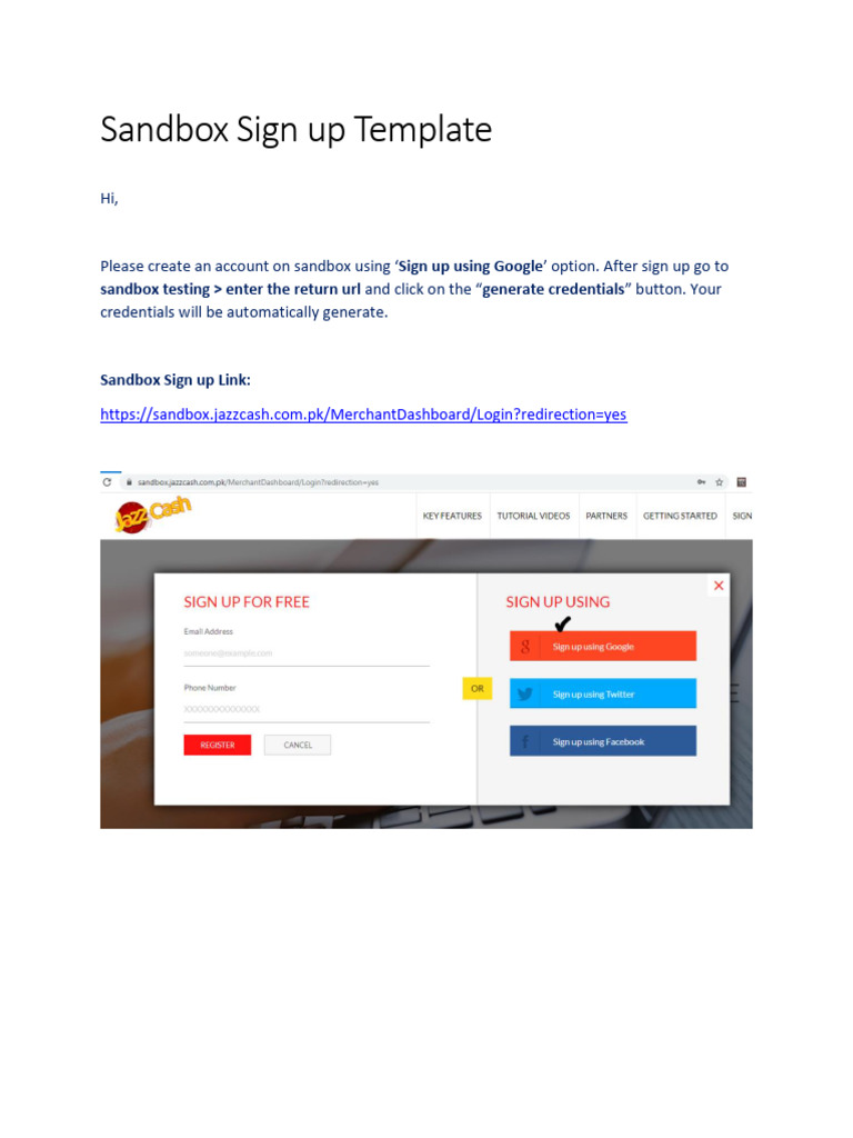 Sandbox Account Sign Up Template | PDF