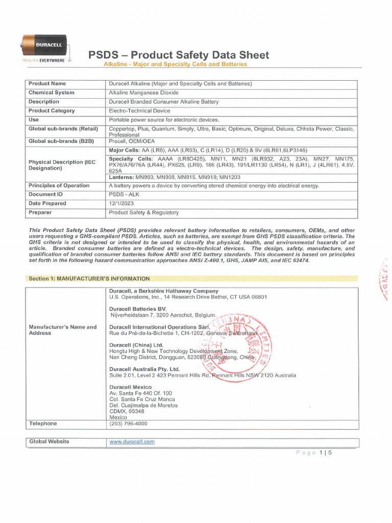 2024 MSDS Duracell Alkaline Updated | PDF