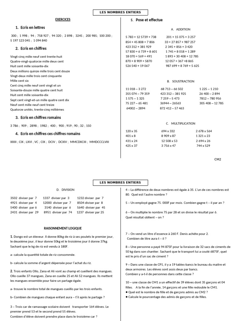 Exercices sur les Nombres Entiers | PDF