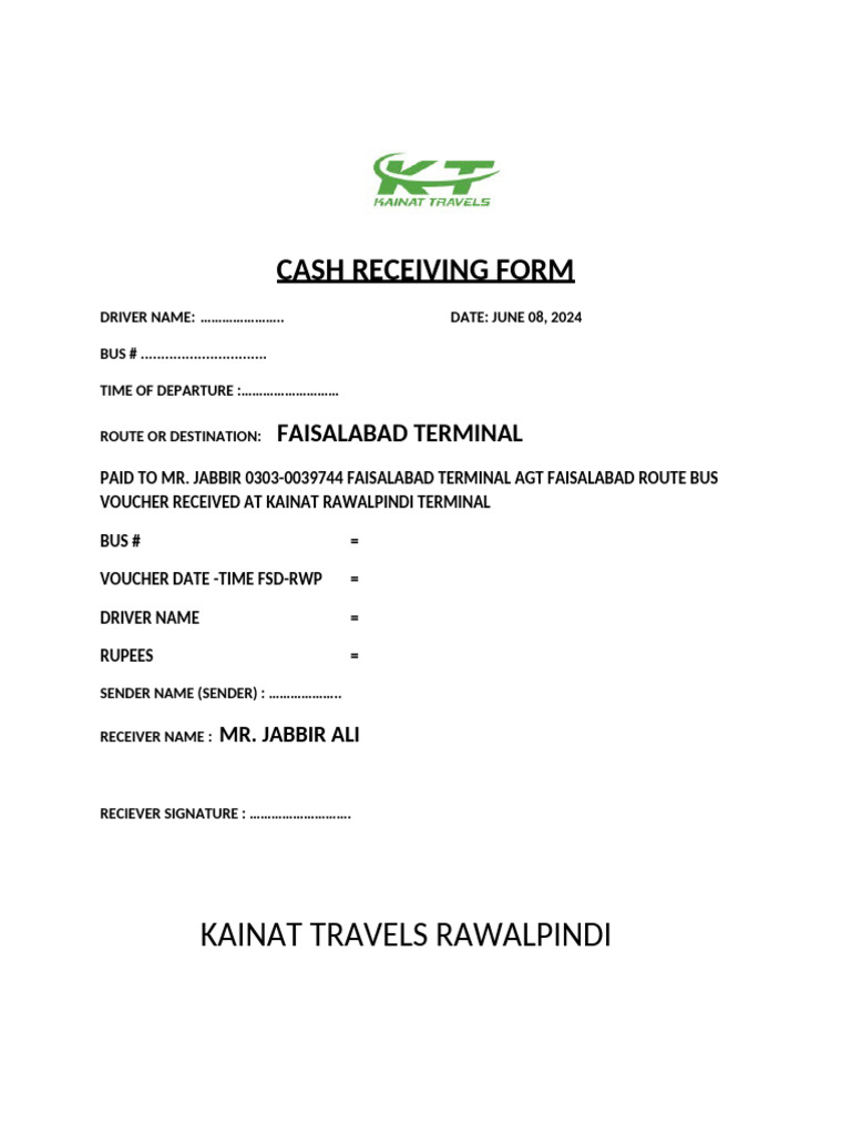 Cash Receiving Form for Kainat Travels | PDF