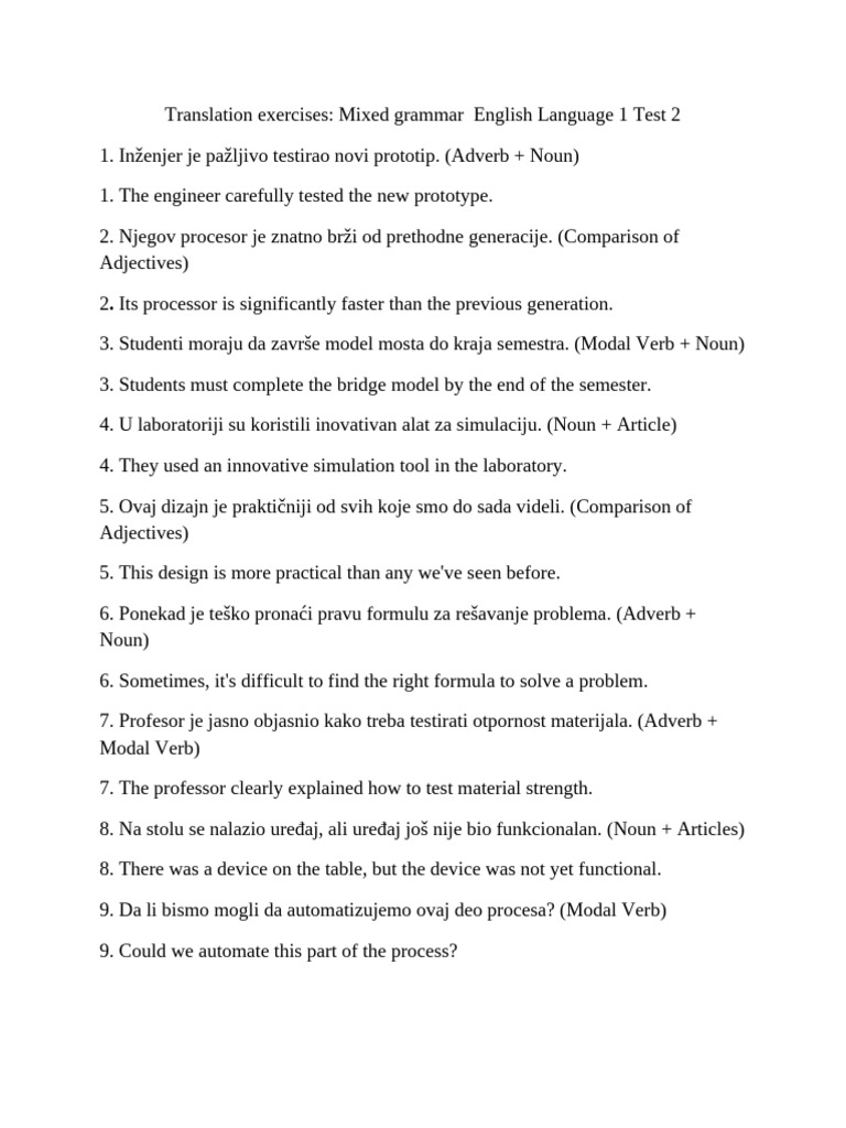 Translation Exercises English Language 1 | PDF