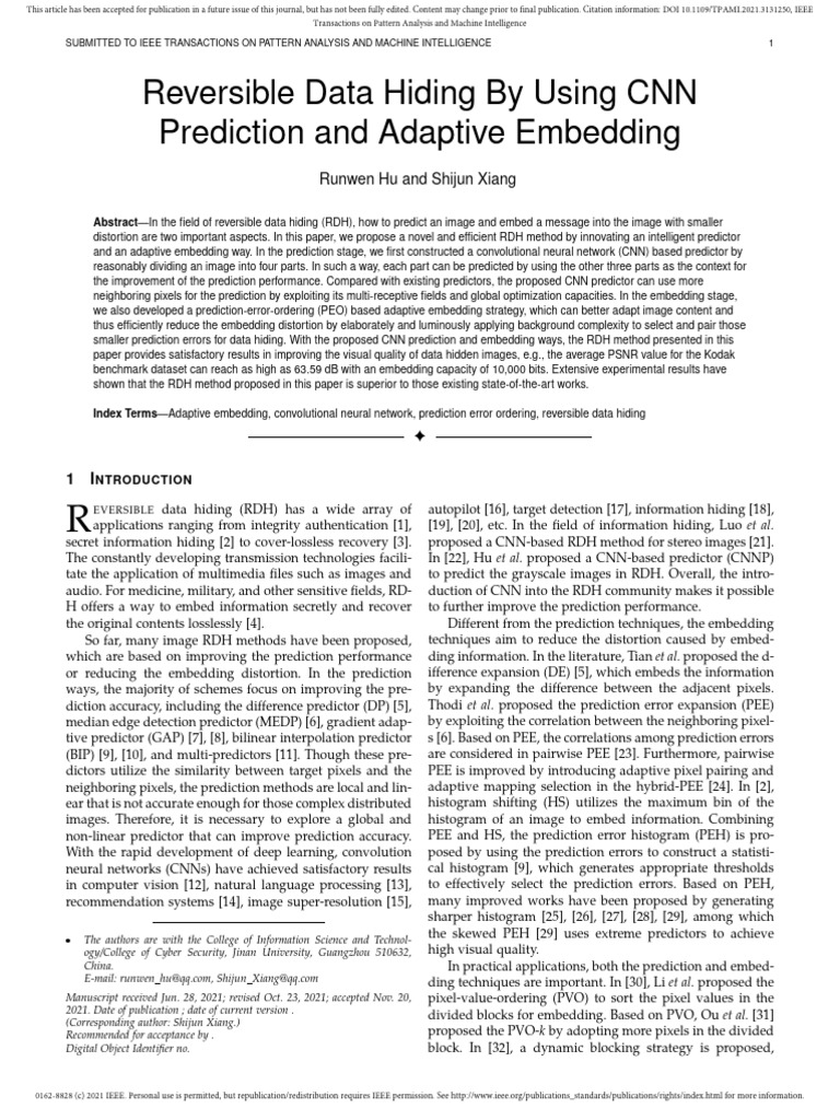 2. Reversible Data Hiding by Using CNN Prediction and Adaptive Embedding | PDF | Computing