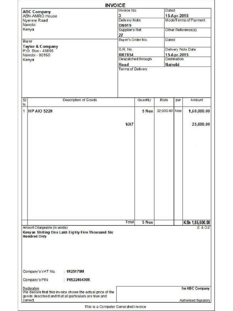 VAT Invoice Format in Kenya | PDF