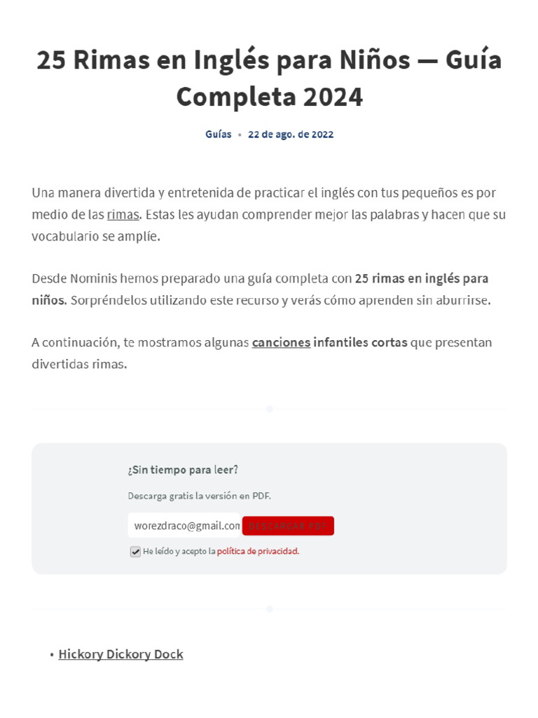 25 Rimas en Inglés para Niños - Guía Completa 2024 | PDF