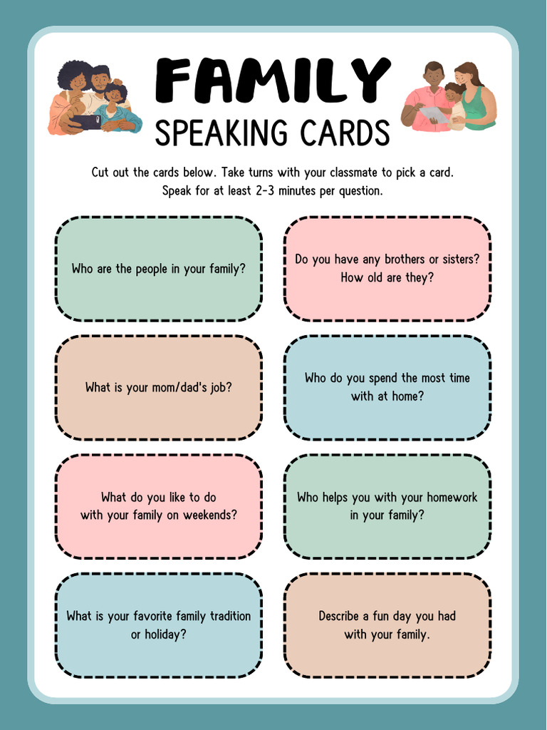 Family Speaking Cards Template in Turquoise Simple Style | PDF
