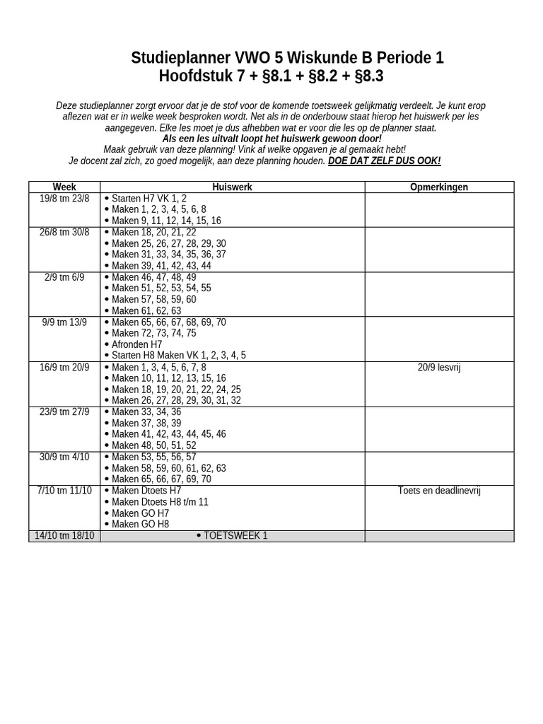 Studieplanner VWO 5 Wiskunde B Periode 1 | PDF