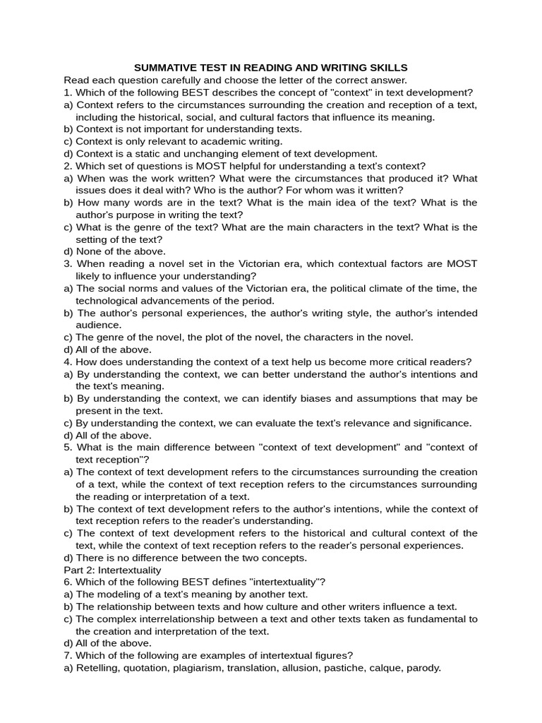 Summative Test in Reading and Writing Skills | PDF | Intertextuality ...