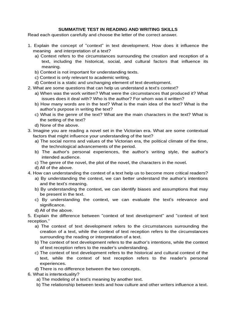 Reading and Writing Skills Assessment | PDF | Intertextuality | Evidence
