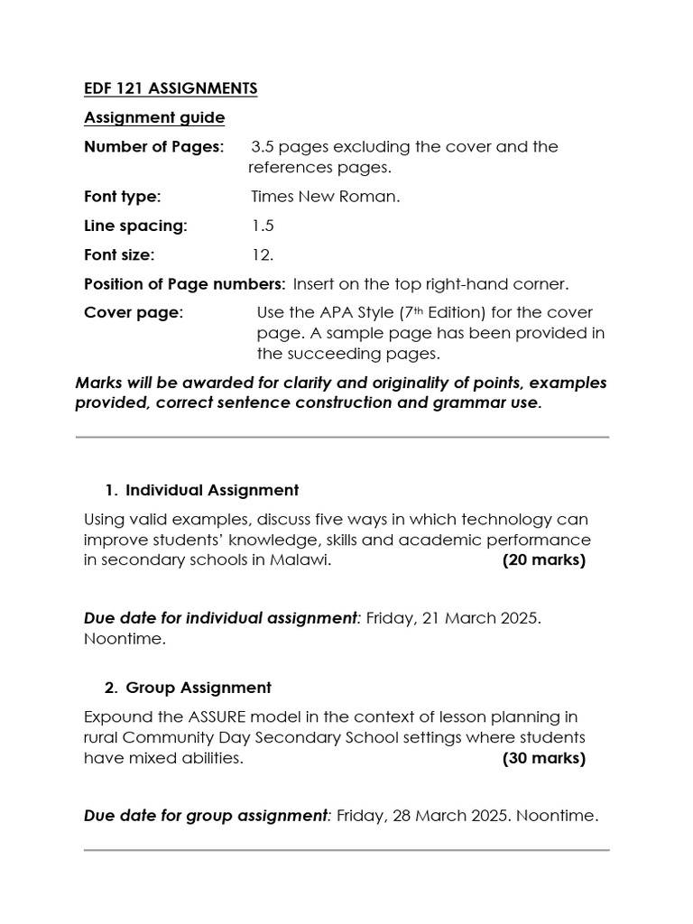 EDF 121 Assignment Guidelines and Topics | PDF