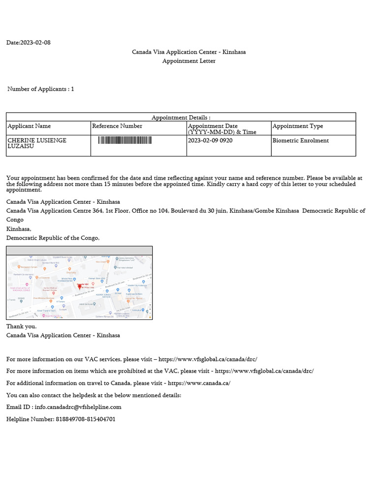 Canada Visa Appointment Confirmation - Kinshasa | PDF
